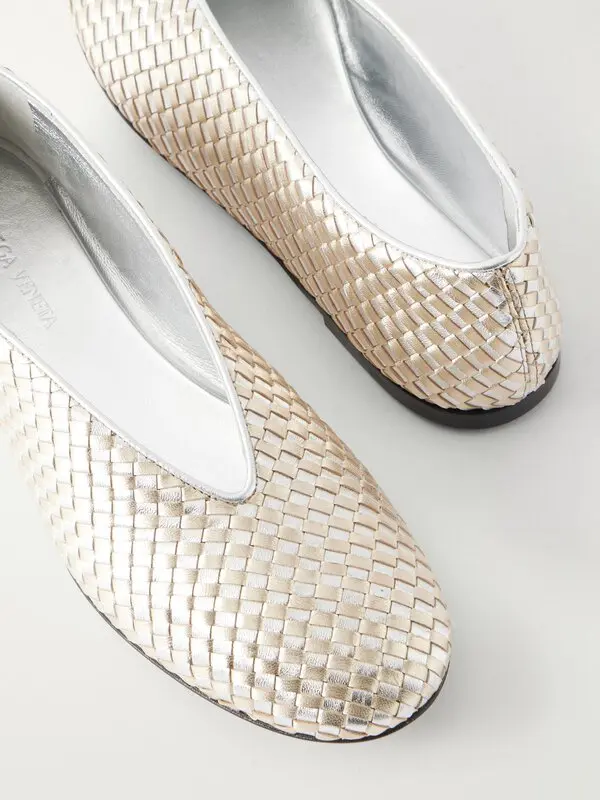 Bottega Veneta Rosa Intrecciato Metallic-leather Ballet Flats