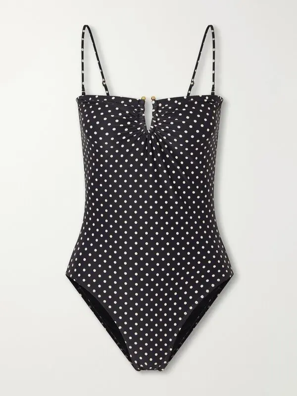 NILI LOTAN Gathered Embellished Polka-dot Swimsuit