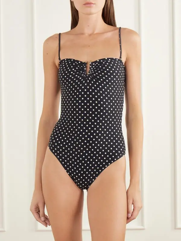 NILI LOTAN Gathered Embellished Polka-dot Swimsuit
