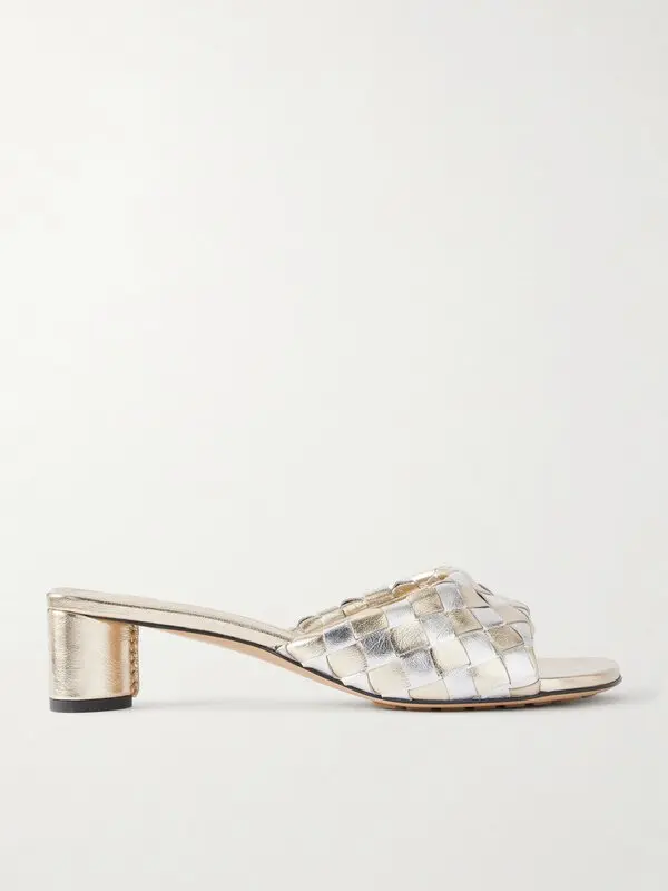 Bottega Veneta Livia 45 Intrecciato Metallic Leather Mules