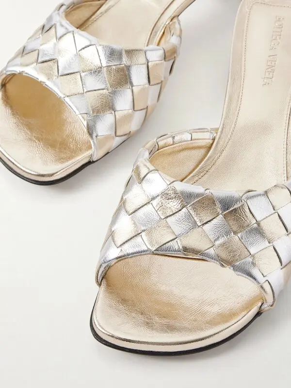 Bottega Veneta Livia 45 Intrecciato Metallic Leather Mules