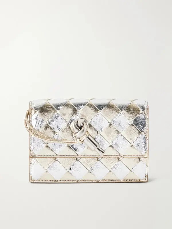 Bottega Veneta Andiamo Intrecciato Metallic Leather Cardholder - Silver