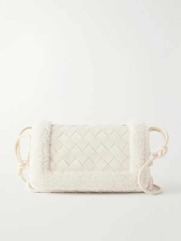 Bottega Veneta Notturno Intrecciato Shearling-trimmed Suede Shoulder Bag