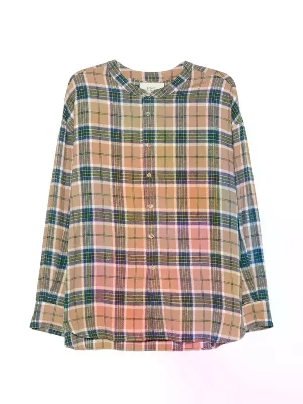 EPL Plaid-check Collarless Shirt - Brown