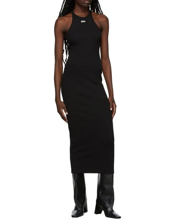 Off-White Logo Printed Ribbed Midi Dress