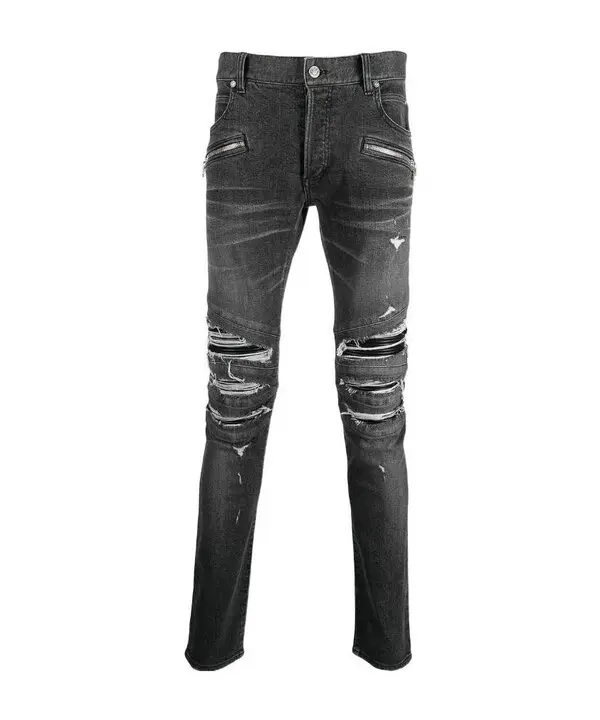 Balmain Slim-cut Ripped Cotton Jeans With Synthetic Leather Panels