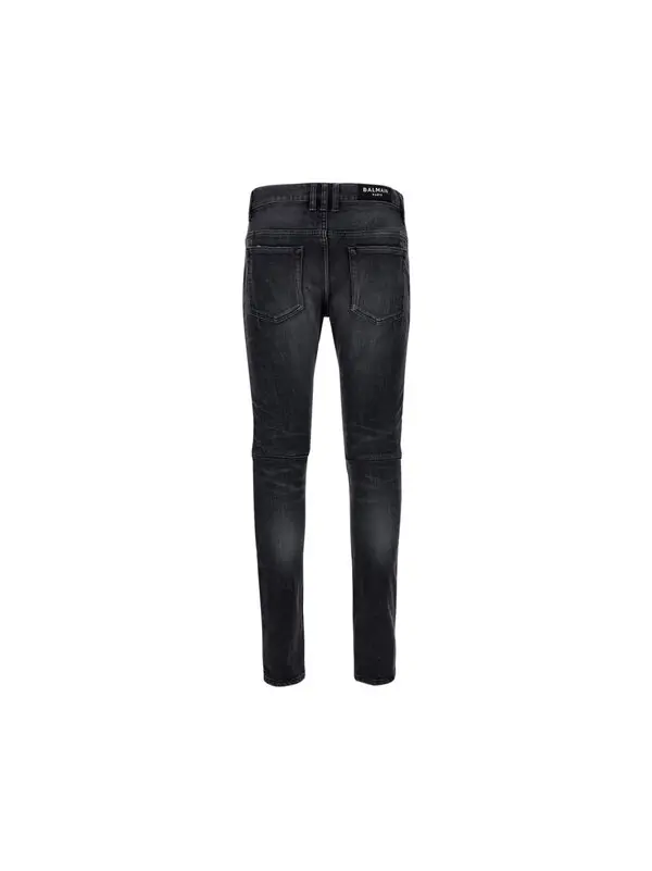 Balmain Slim-cut Ripped Cotton Jeans With Synthetic Leather Panels