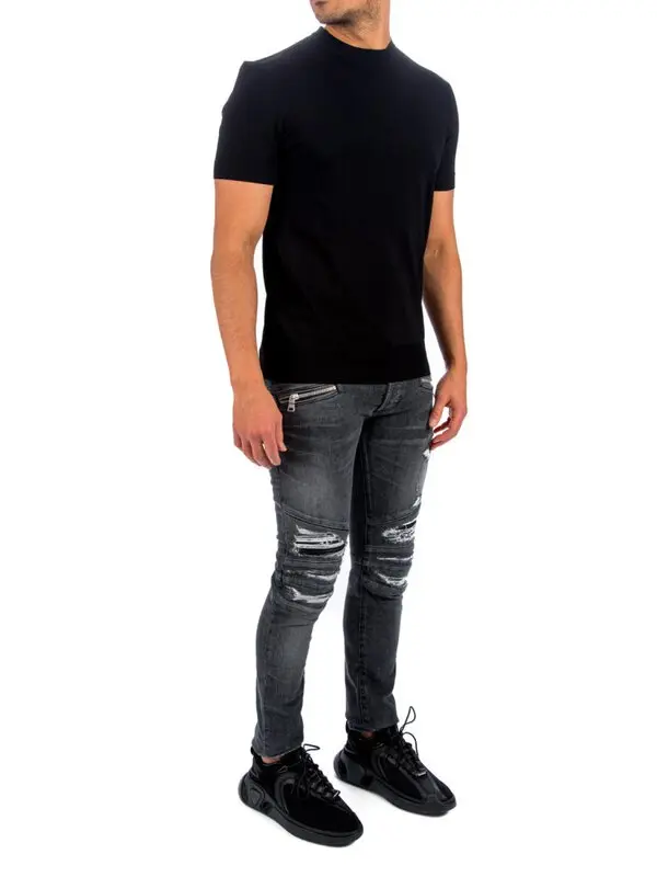Balmain Slim-cut Ripped Cotton Jeans With Synthetic Leather Panels
