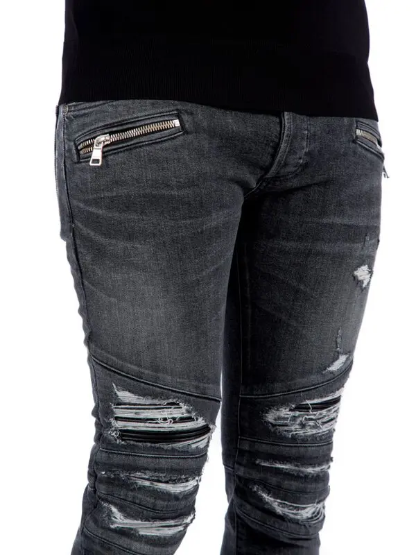Balmain Slim-cut Ripped Cotton Jeans With Synthetic Leather Panels