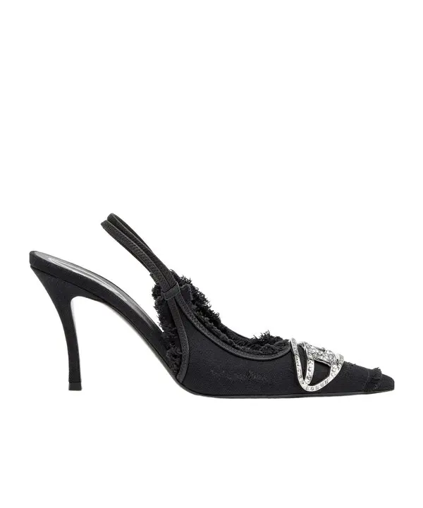 DIESEL® D-venus Sb Logo Plaque Frayed Slingback Pumps - Black