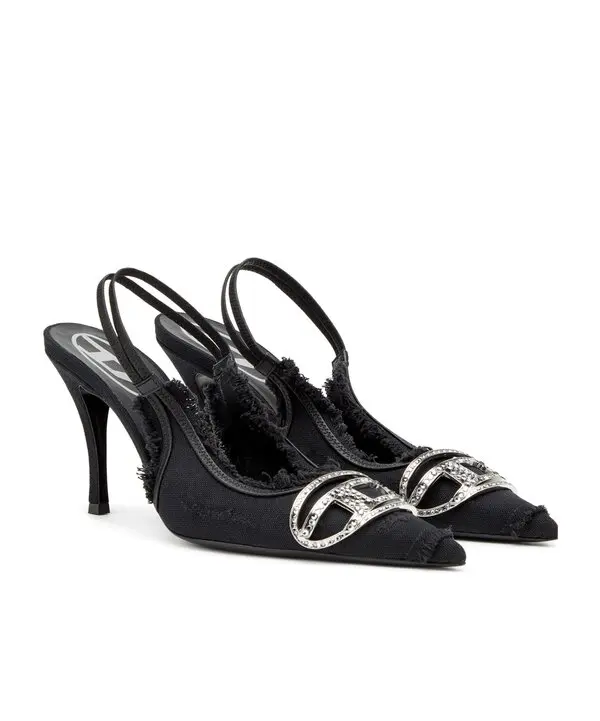 DIESEL® D-venus Sb Logo Plaque Frayed Slingback Pumps