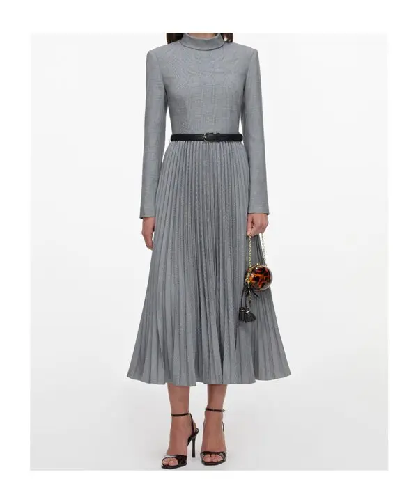 SELF-PORTRAIT Grey Check Pleated Midi Dress