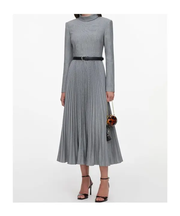 SELF-PORTRAIT Grey Check Pleated Midi Dress