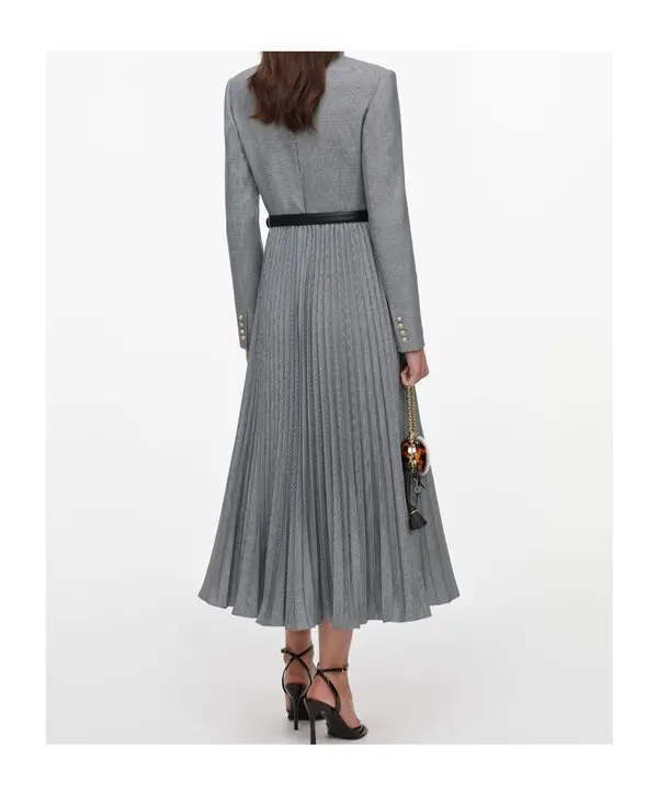 SELF-PORTRAIT Grey Check Pleated Midi Dress