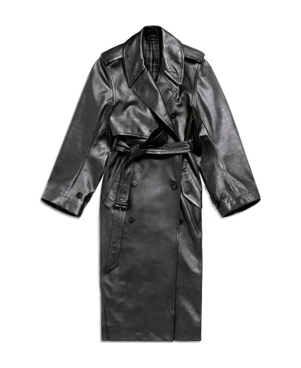 Balenciaga Fitted Double-breasted Leather Coat - Black