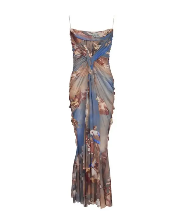 Balmain Sky Printed Draped Tulle Maxi Dress - Gray