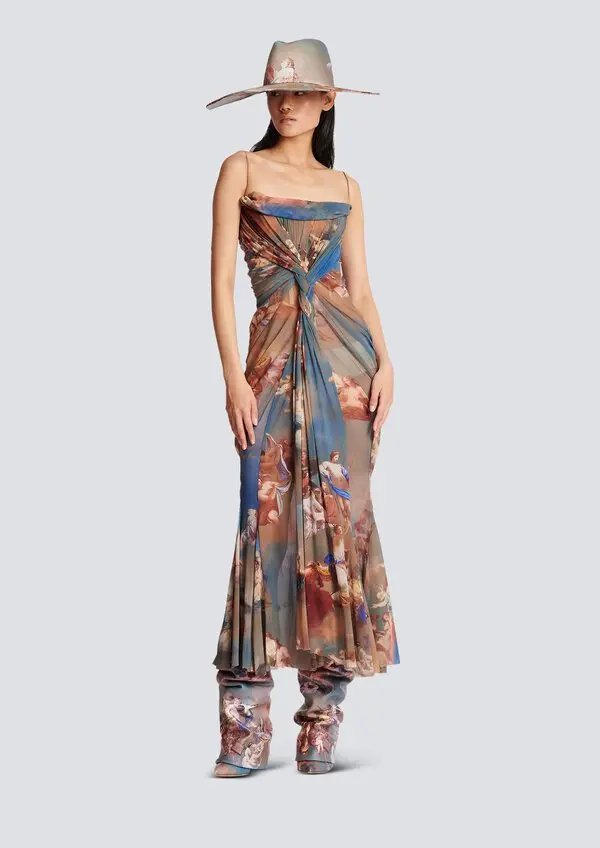 Balmain Sky Printed Draped Tulle Maxi Dress