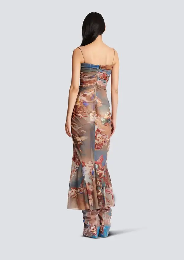 Balmain Sky Printed Draped Tulle Maxi Dress