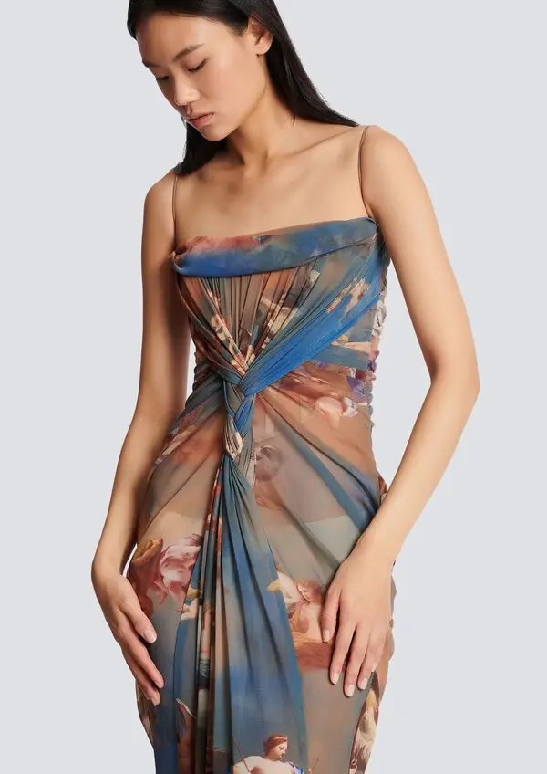 Balmain Sky Printed Draped Tulle Maxi Dress