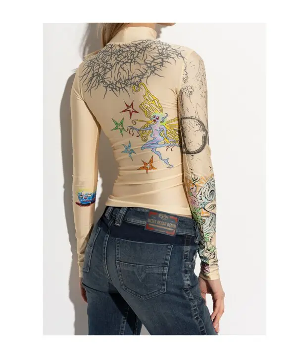 DIESEL® T-imun Tattoo Printed Turtleneck Top