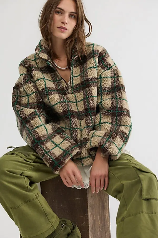 FOUND Plaid Fleece Quarter-zip - Cream/black/forest