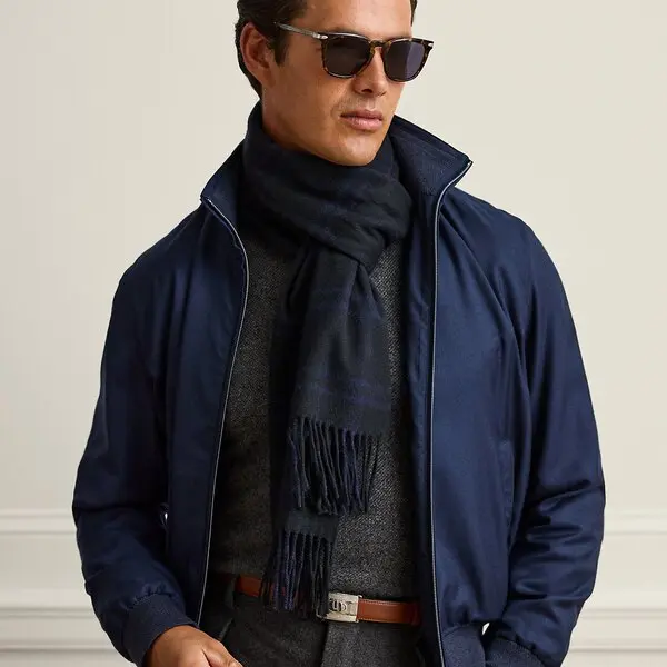 Ralph Lauren Tonal Plaid Cashmere Fringe Scarf - Navy