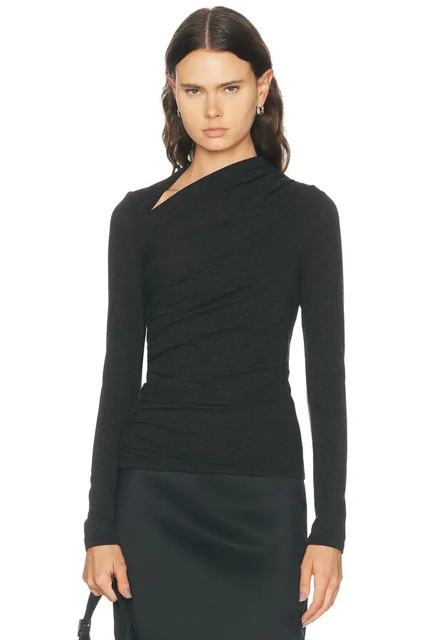Enza Costa Lurex Jersey Long Sleeve Slash Top In Charcoal
