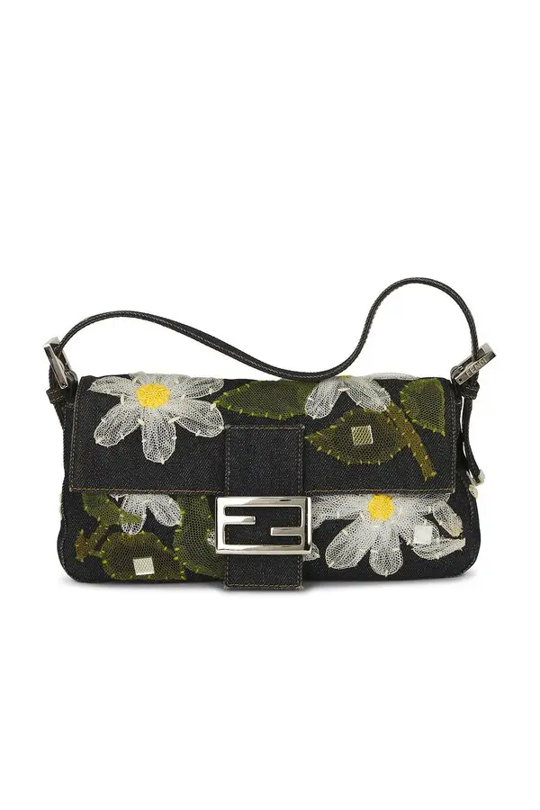 Fendi Floral Embroidered Denim Baguette Shoulder Bag