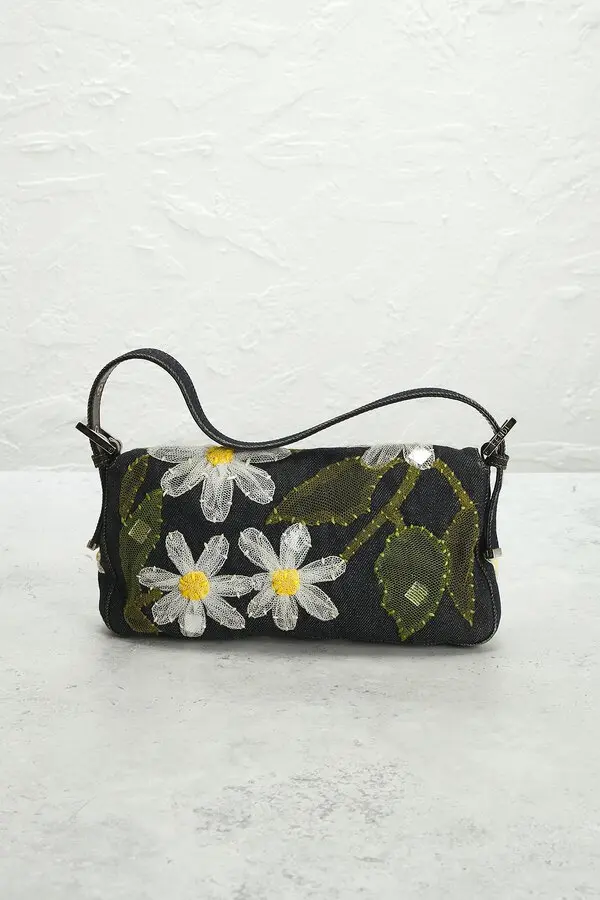 Fendi Floral Embroidered Denim Baguette Shoulder Bag