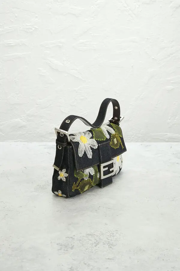Fendi Floral Embroidered Denim Baguette Shoulder Bag