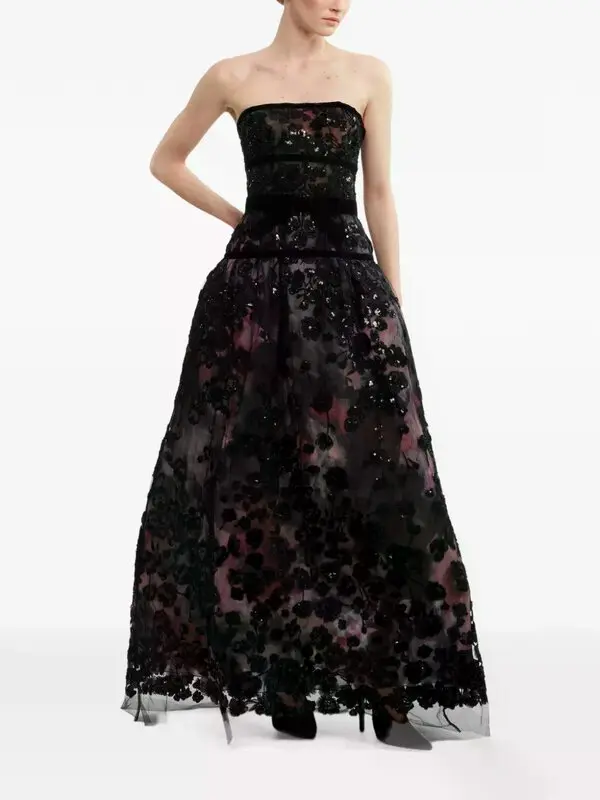 Elie Saab Embroidered Strapless A-line Maxi Gown Dress