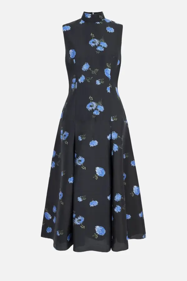 EMILIA WICKSTEAD Bronte Dress In Ditsy Chrysanthemum On Navy Silk Shantung - Light Blue
