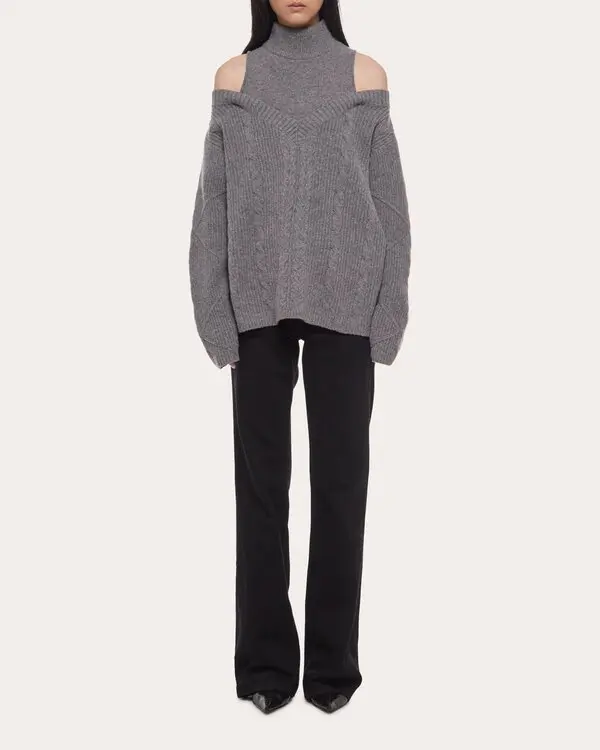 Helmut Lang Cable Knit Wool Layered Off-shoulder Turtleneck