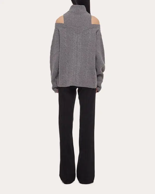 Helmut Lang Cable Knit Wool Layered Off-shoulder Turtleneck