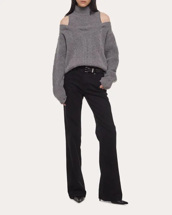 Helmut Lang Cable Knit Wool Layered Off-shoulder Turtleneck