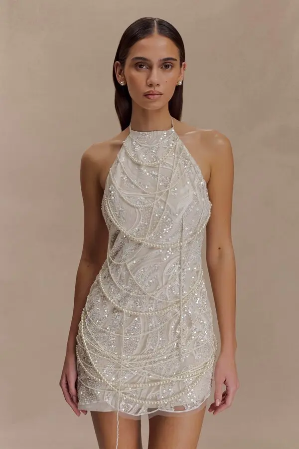 Meshki Adora Pearl Halter Mini Dress