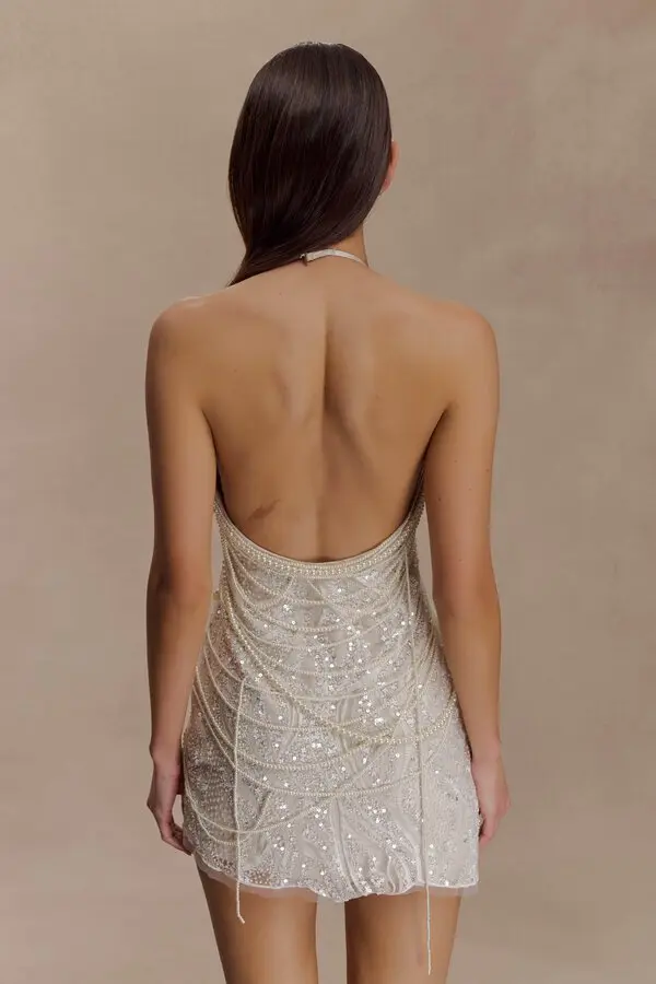 Meshki Adora Pearl Halter Mini Dress