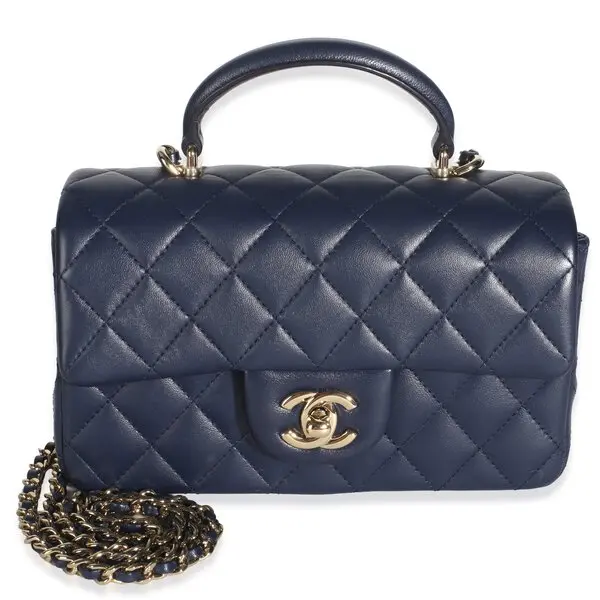 Chanel Navy Quilted Lambskin Rectangular Top Handle Flap Bag - Blue