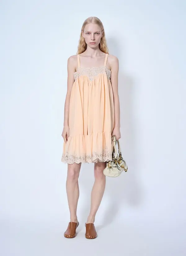 Chloé Thin-strap Mini Dress In Silk Georgette & Lace