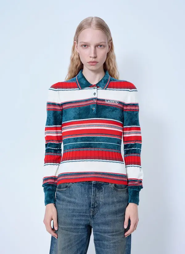 Lacoste Runway Textured Striped Polo Collar Sweater