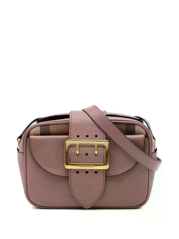 Burberry 2000-2017 Small House Check Canvas Trimmed Grained Calfskin Buckle Crossbody Bag - Pink