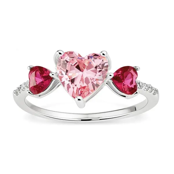 KYLIE HARPER Pink & Ruby Cz Triple Heart Ring In Sterling