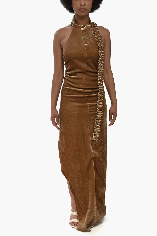 Off-White Ruffled Velour Maxi Dress - Brown