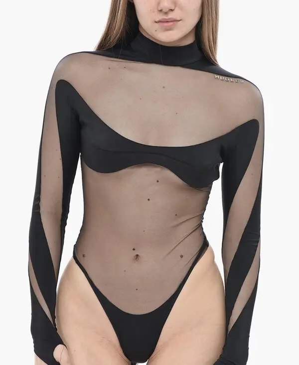 MUGLER Mesh Panelled Bodysuit - Black