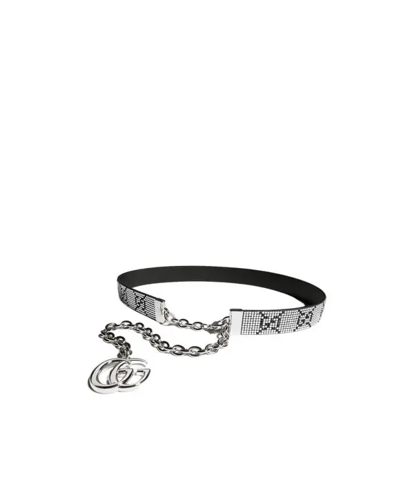 Gucci Crystal Thin Chain Belt With Charm - Grey