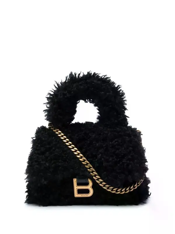 Balenciaga 2010 Mini Shearling Hourglass Top Handle Bag Satchel - Black