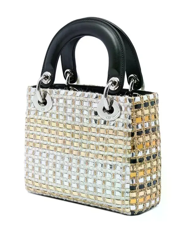 Dior 2015 Mini Metallic Leather Woven Tweed Lady Satchel - Gold