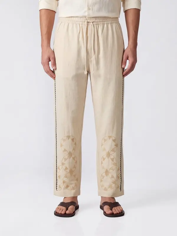 BAZISZT Sferic Straight-leg Cotton Trousers With Embroidery And Drawstring Waist - Beige