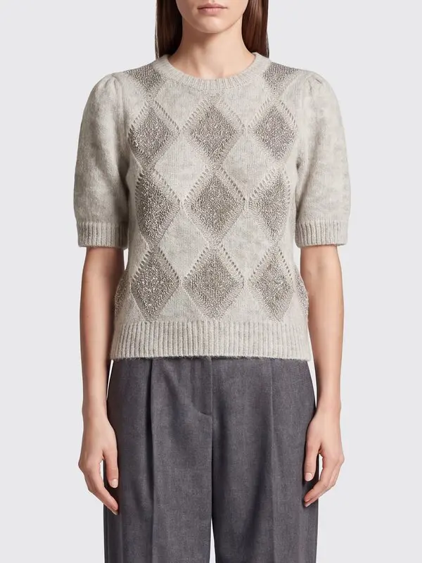 TWINSET Argyle Crewneck Jumper In Wool And Alpaca Blend With Short Sleeves - Grey