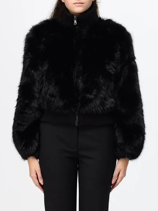 CANADIAN High-neck Short Faux Fur Jacket With Zip Closure And Slant Pockets - Black